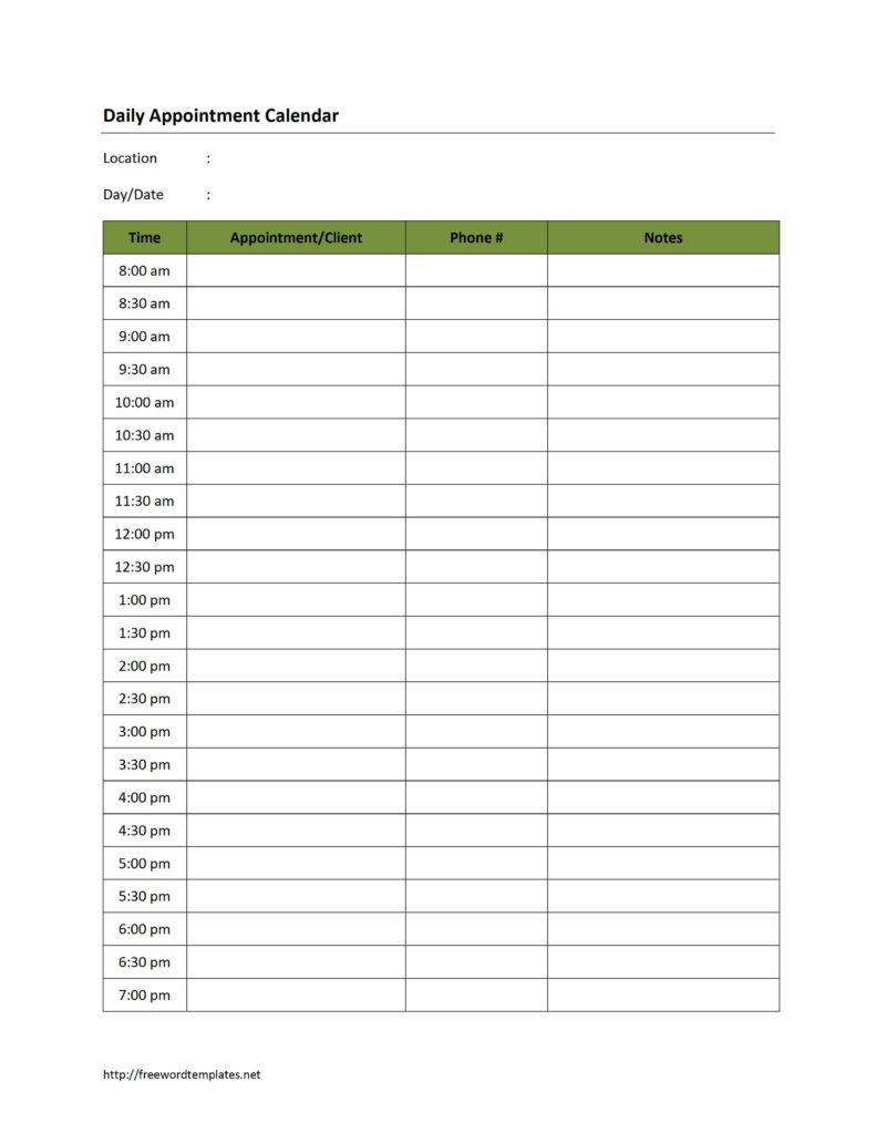 Weekly Appointment Sheet Template