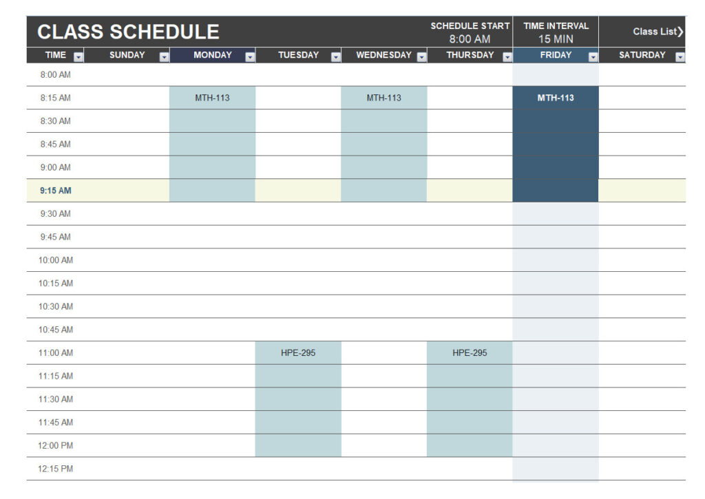 Printable Weekly Class Schedule Template