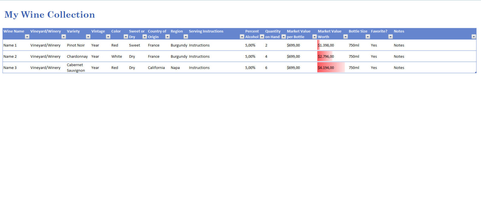Wine Collection Inventory Template