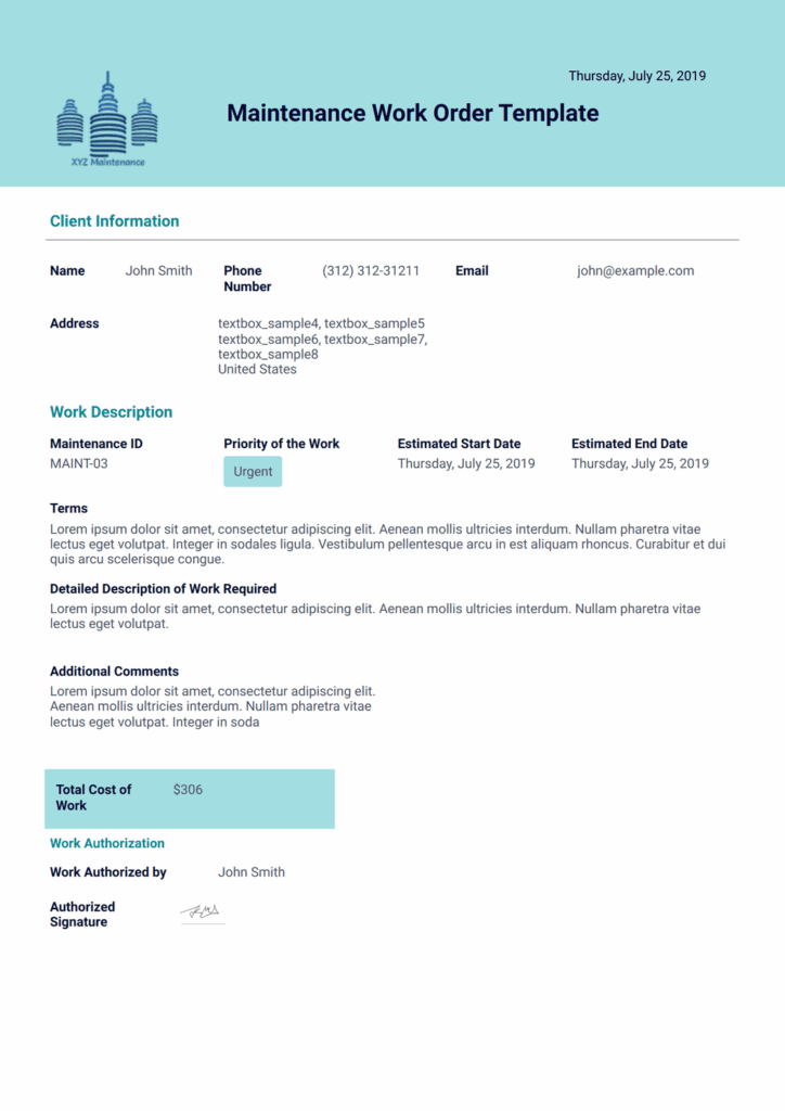 Free Printable Work Order Template