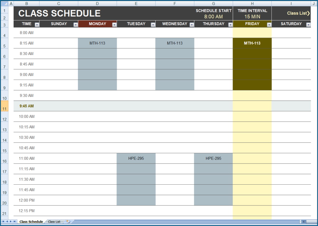 Free Printable Class Schedule Template